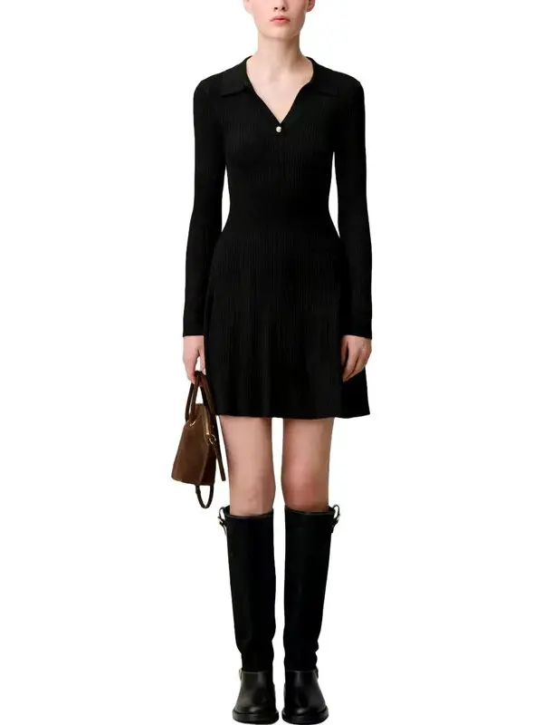 Claudie Pierlot Fine-knit Ribbed Dress With Jewelled Button - Black