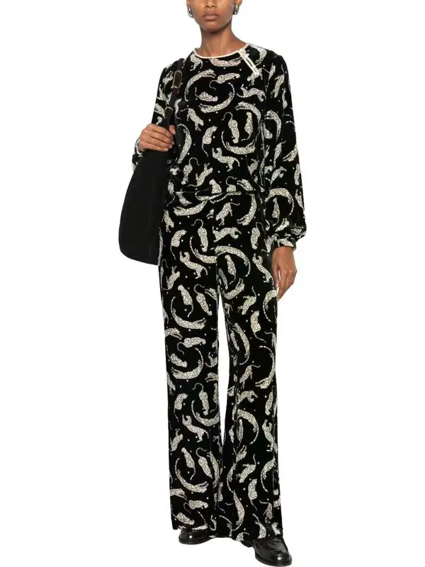 FORTE_FORTE Velvet-effect Leopard Print Wide Leg Trousers - Black
