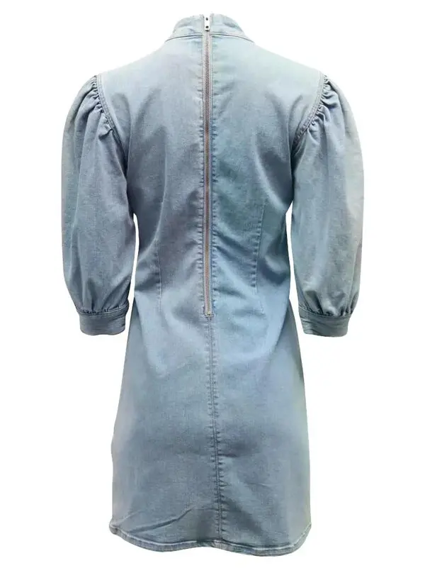 GANNI Puff Sleeve Mock Neck Mini Dress - Blue