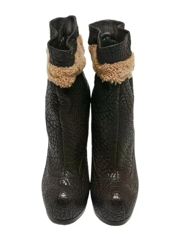 Saint Laurent Textured Shearling-trim Stiletto Ankle Boots - Brown