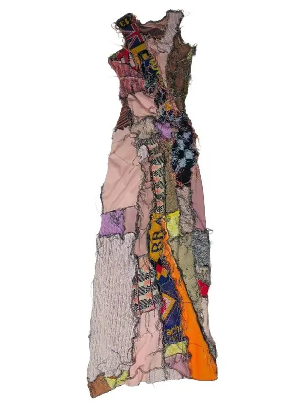 BORBALA Patchwork Frayed-edge Asymmetric Dress - Neutrals