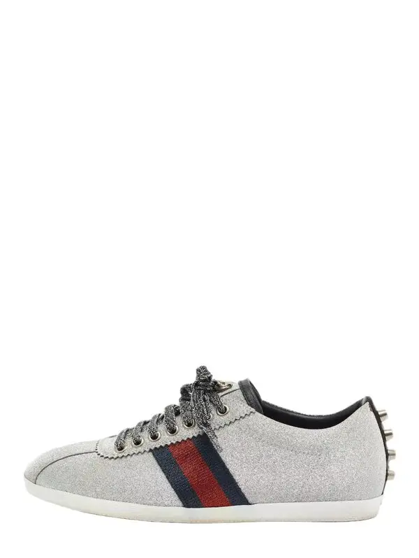 Gucci Glittered Web Stripe Studded Sneakers - Silver