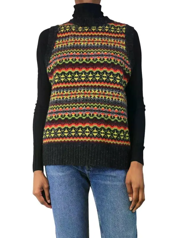 MOLLY GODDARD Fair Isle Intarsia Knit Sleeveless High Neck Vest - Black