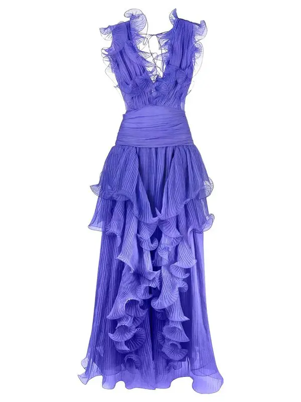 Alberta Ferretti Ruffled Flounce Silk Gown - Blue