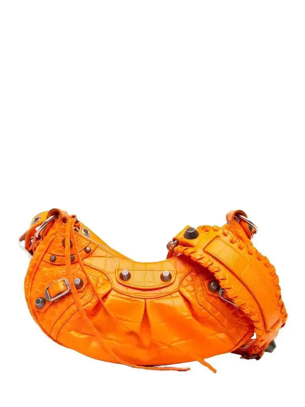 Balenciaga 2022 Croc Embossed Leather Motocross Le Cagole Xs Crossbody Bag - Orange