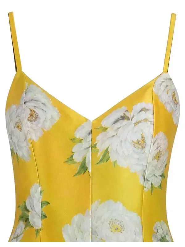 Alice + Olivia Isabelle Mini Dress Floral Print Satin V-neck - Yellow
