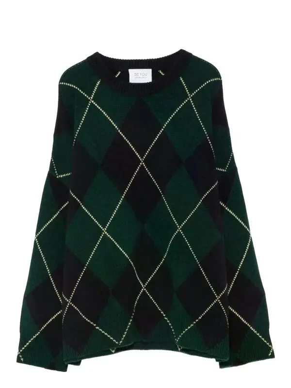BEYOU Long Sleeve Argyle Sweater - Green