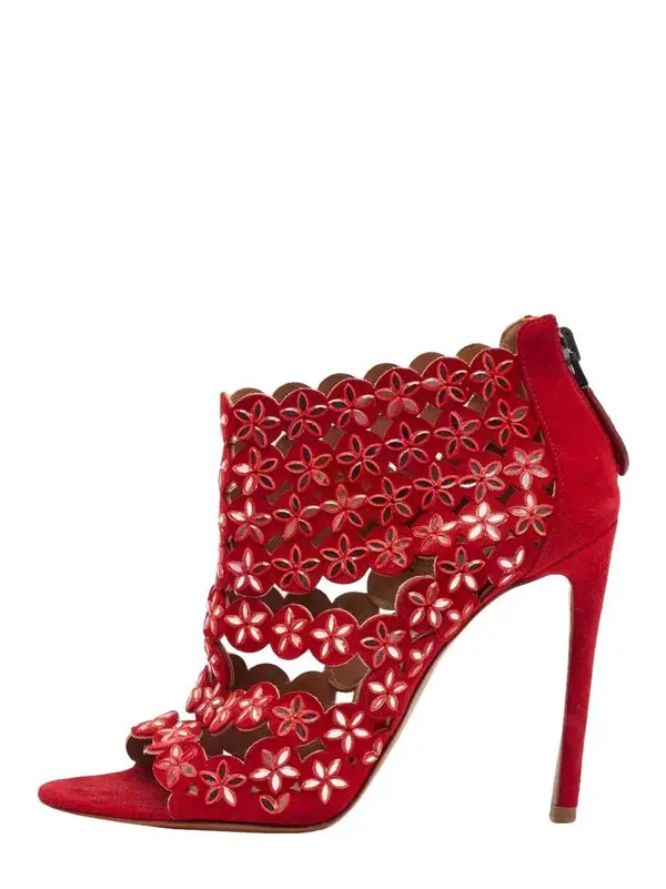Alaïa Suede Laser-cut Floral Motif Stiletto Sandals - Red