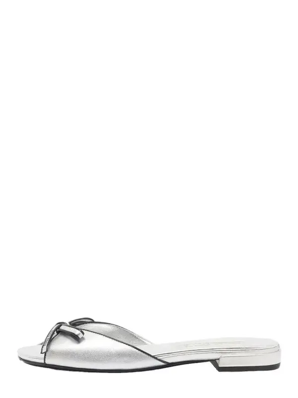 Miu Miu Metallic Leather Bow Slide Sandals - Silver