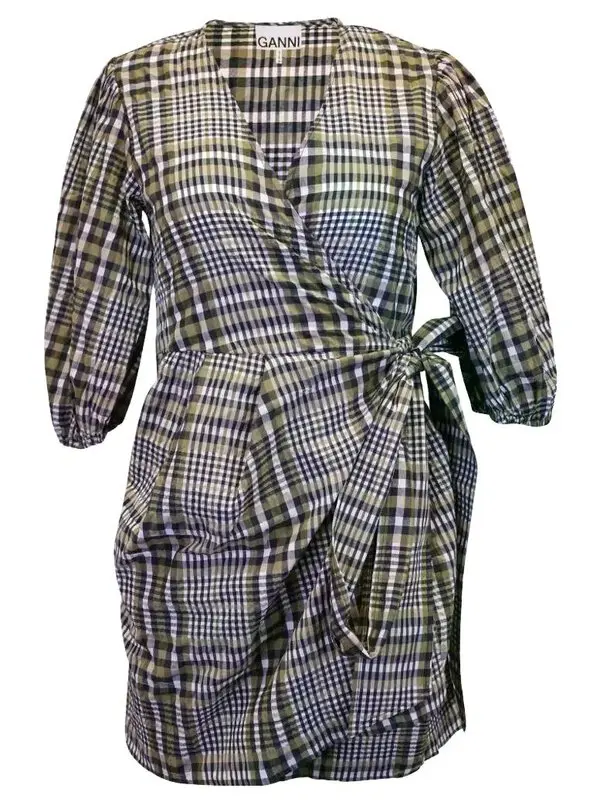 GANNI Plaid Cotton Wrap Dress - Brown