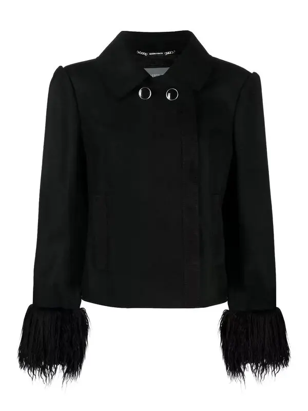 Alberta Ferretti Virgin Wool Blend Shirt Jacket With Fringe Cuffs - Black