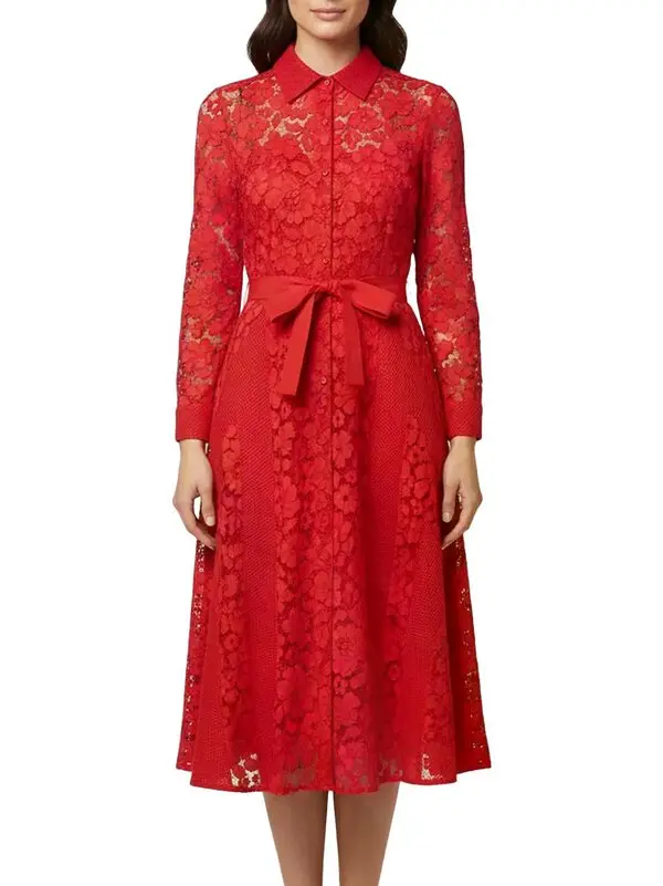 Carolina Herrera Midi Belted Lace Dress - Red