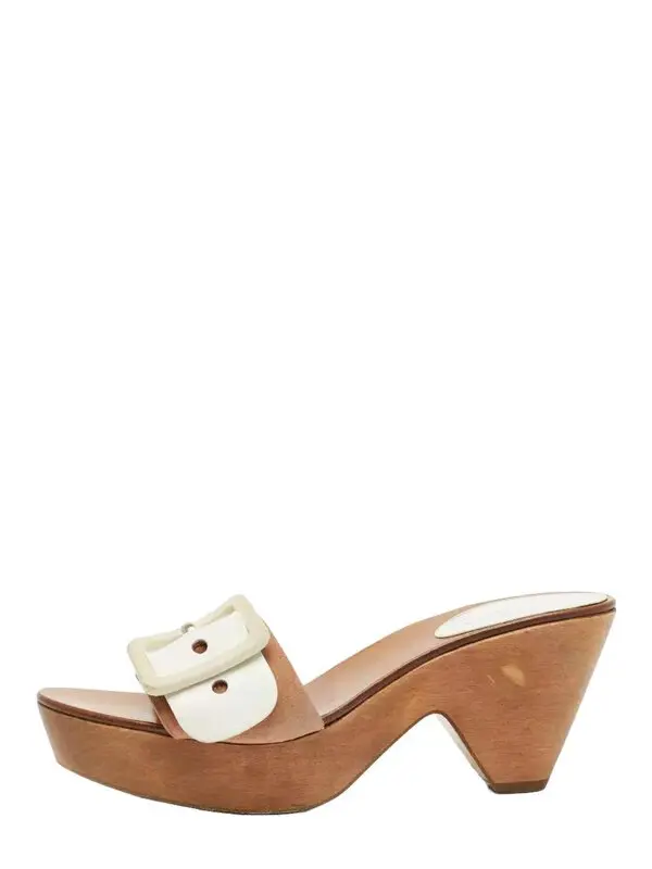 SERGIO ROSSI Cream Calf Leather Buckle Detail Platform Clogs - White