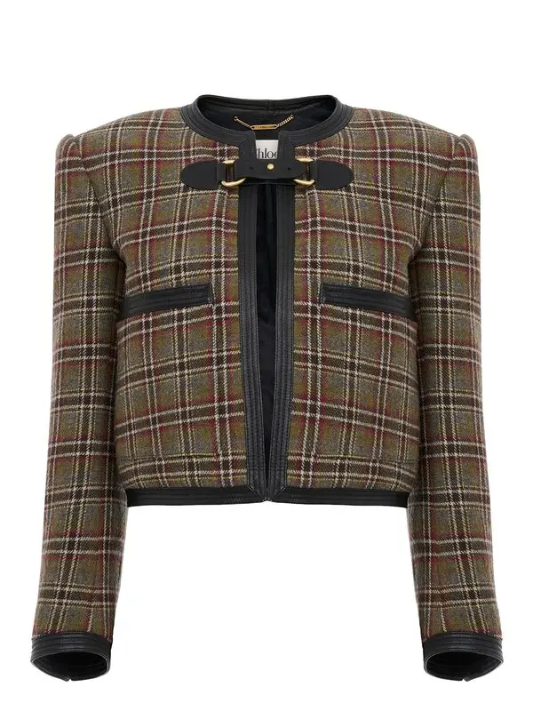 Chloé Collarless Cropped Boxy Jacket In Checked Wool With Leather Trims - Multicolor Green