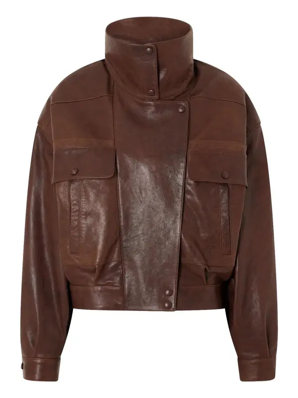 Saint Laurent Cropped Leather Jacket With High Collar - Brown