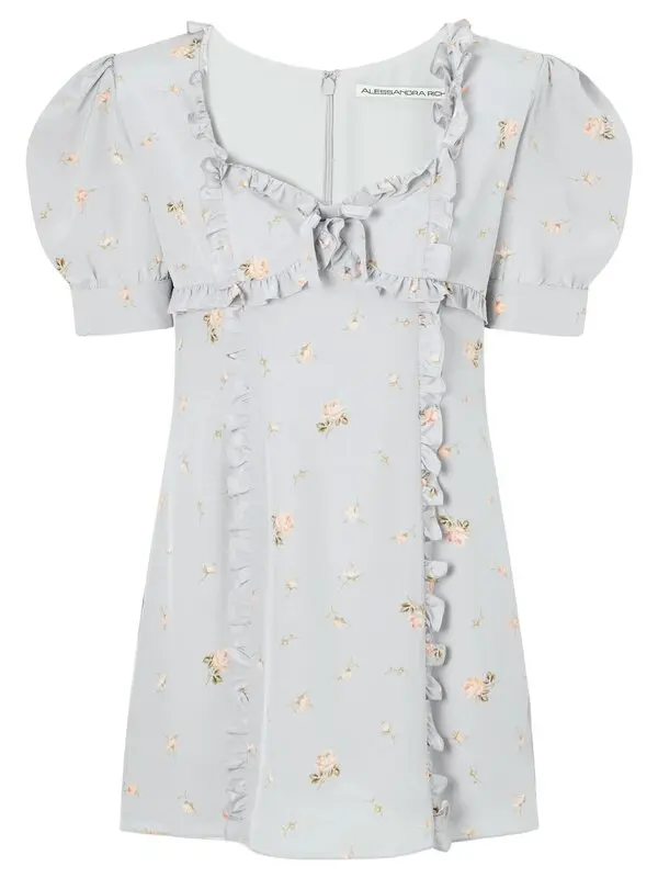 Alessandra Rich Floral-print Ruffle-trim Silk-crepe Mini Dress - Gray