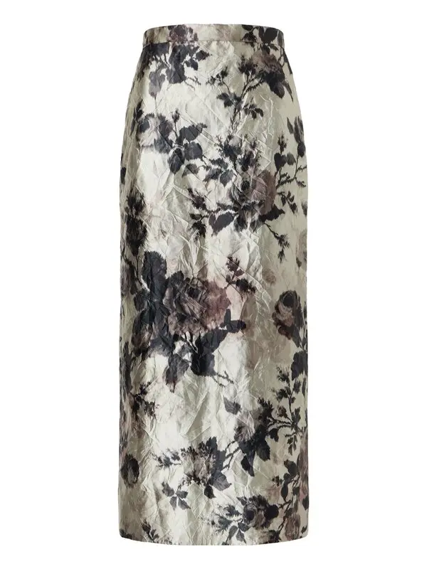 Erdem Floral-print Crinkle Satin Midi Skirt - Gray