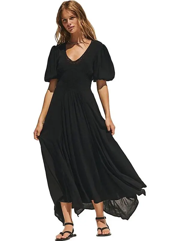 Free People Maxi Dress With Lace Trim And Puff Sleeves - Black