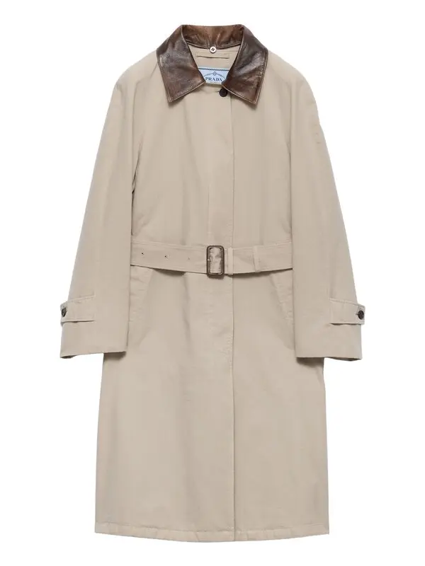 Prada Single-breasted Poplin Coat With Removable Leather Collar - Limestone