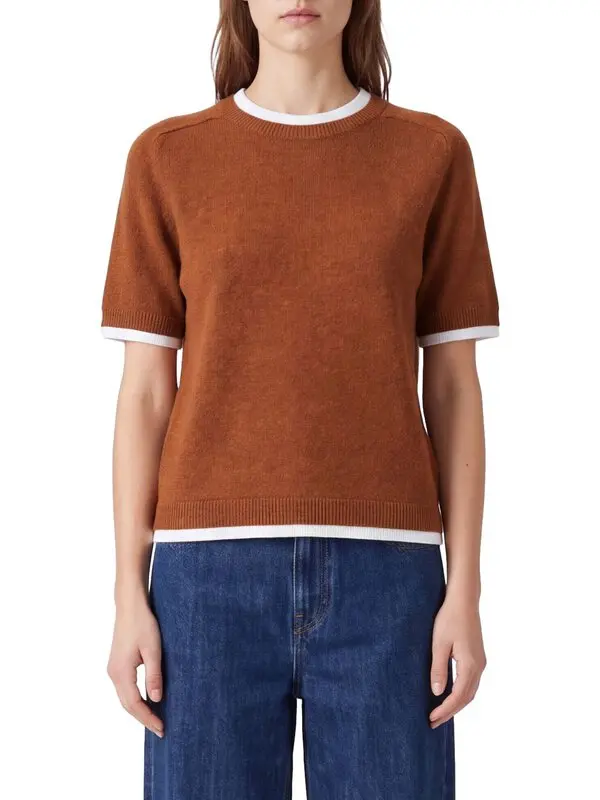 SEMICOUTURE Aida Short-sleeved Wool And Cashmere Sweater With Contrast Trims - Brown