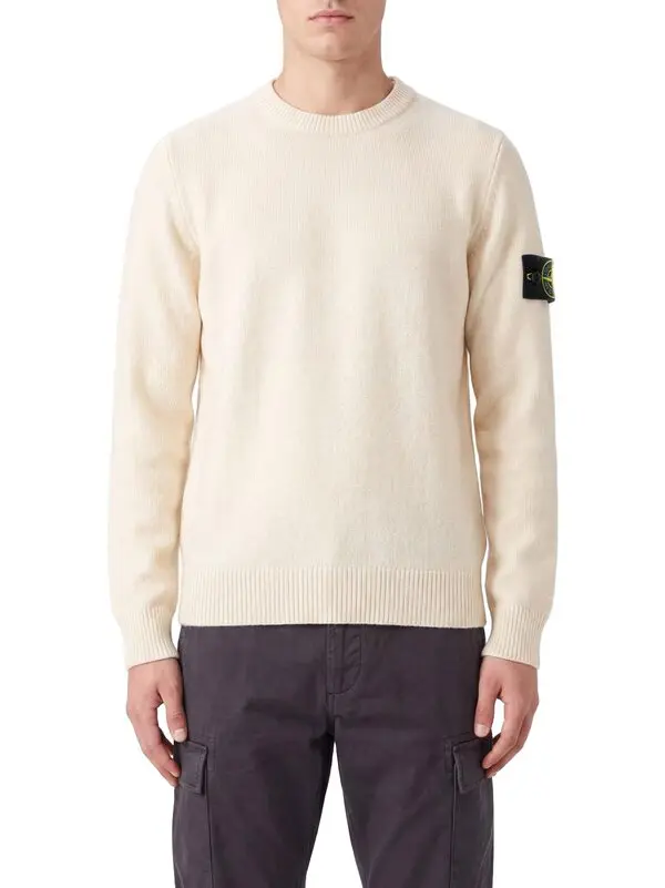 Stone Island Virgin Wool Crewneck Sweater With Compass Logo Patch - Ivory