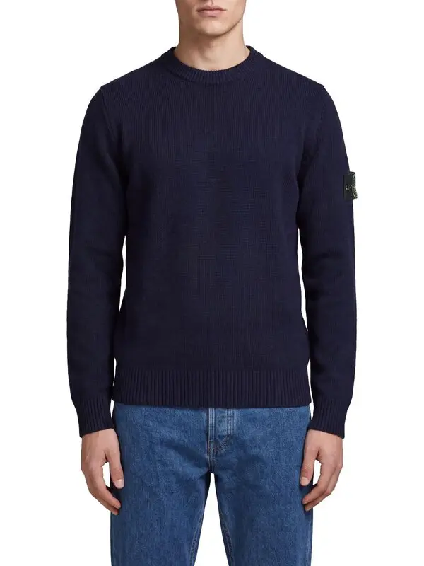 Stone Island Virgin Wool Crewneck Sweater With Compass Logo Patch - Navy