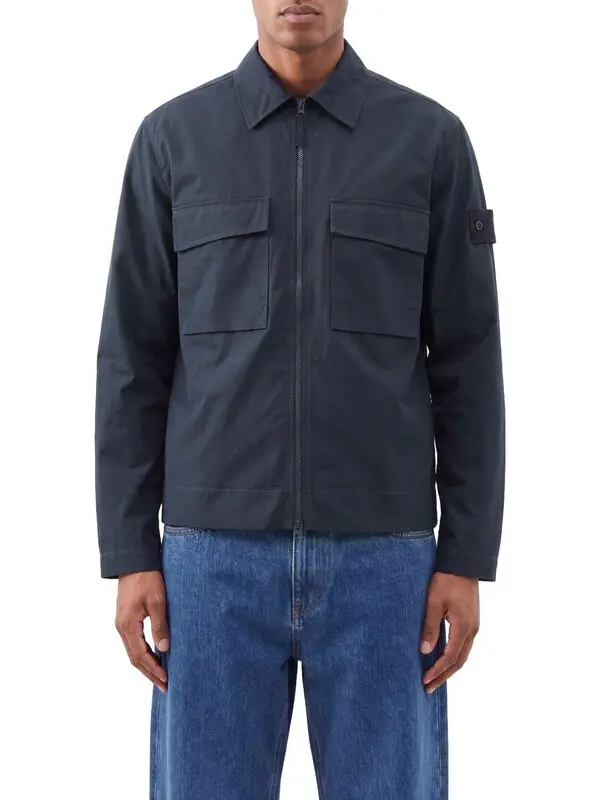 Stone Island Short Shirt Jacket In Organic Cotton Canvas With Zip - Navy