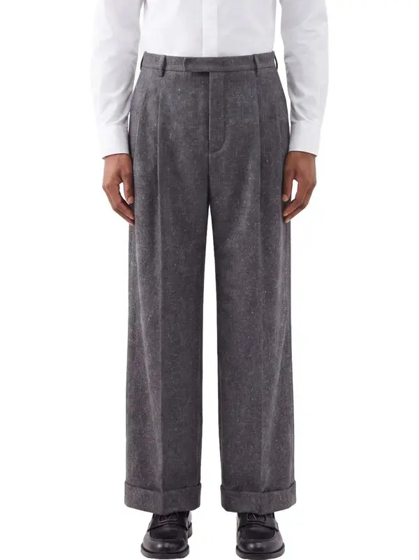 Valentino Garavani Wide-leg Tailored Wool Blend Trousers With Turn-up Cuffs - Grey