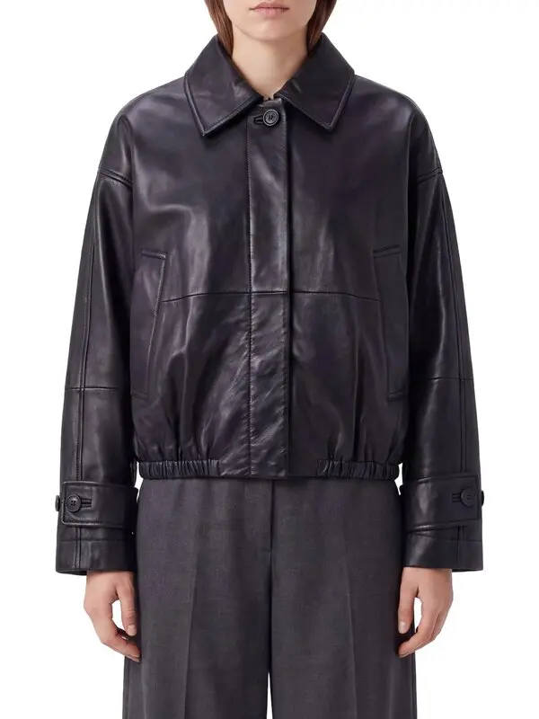 RÓHE Lambskin Leather Shirt Jacket With Dropped Shoulders And Elasticated Hem - Black