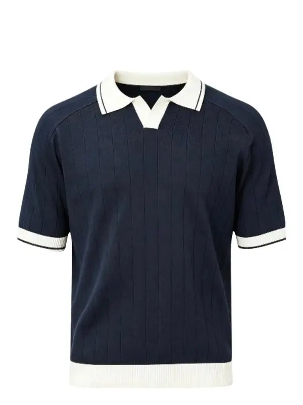 VAYLA Open Collar Relaxed Fit Breathable Polo Shirt In Navy & Cream - Blue