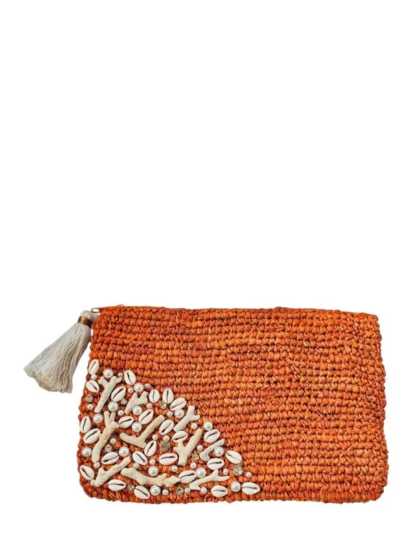 OHSUN Coralie Raffia Clutch With Shell And Pearl Embellishment - Orange