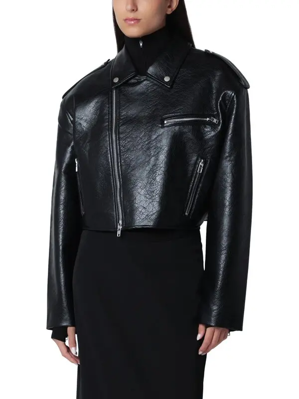 THE FRANKIE SHOP Cropped Faux Leather Biker Jacket - Black