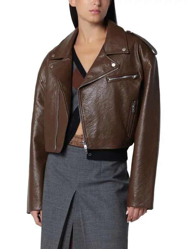 THE FRANKIE SHOP Cropped Faux Leather Biker Jacket - Brown