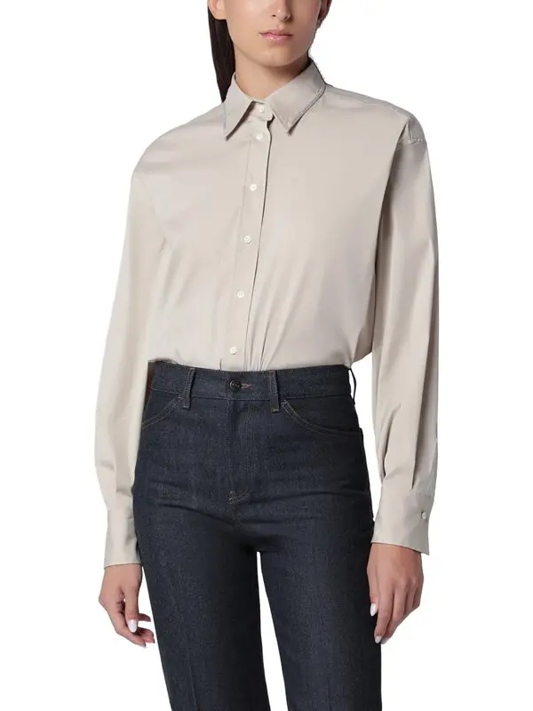 Brunello Cucinelli Monili Trim Stony Ground Cotton Poplin Shirt - Grey