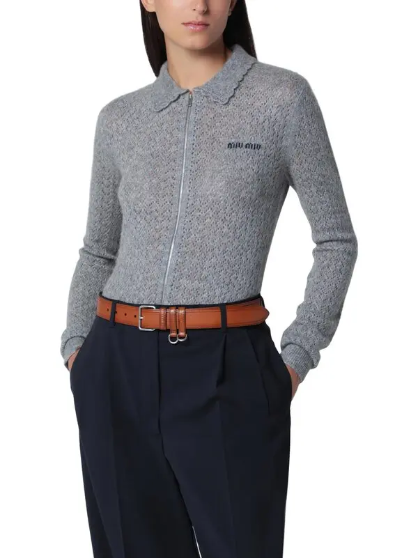 Miu Miu Cashmere And Silk Openwork Knit Cardigan - Grey