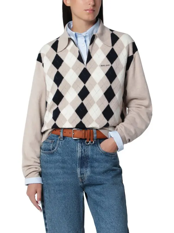 Miu Miu Argyle Cashmere Polo Shirt - Beige