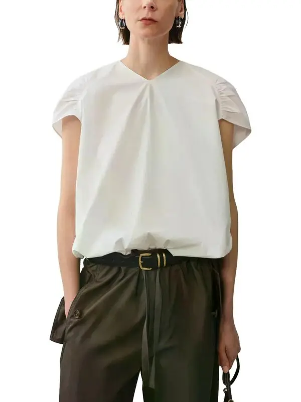 LESS Sleeveless V-neck Blouse With Gathered Detailing - White