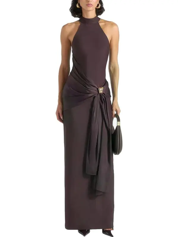 Manière De Voir Willow Halterneck Maxi Dress With Embellished Clasp - Brown