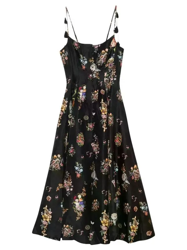 Camilla Floral Print Crystal Embellished Midi Dress - Black
