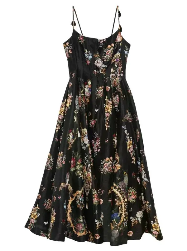 Camilla Floral Print Crystal Embellished Midi Dress - Black