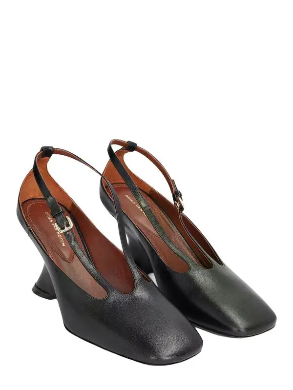 Dries Van Noten Leather Square Toe Wedge Pumps - Black