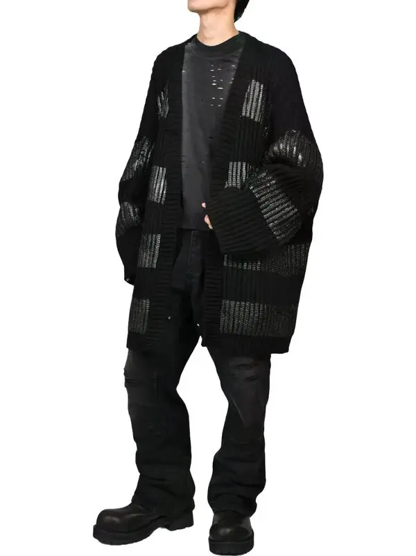 FILTH Waxed-stripe Ribbed-knit Cardigan - Black