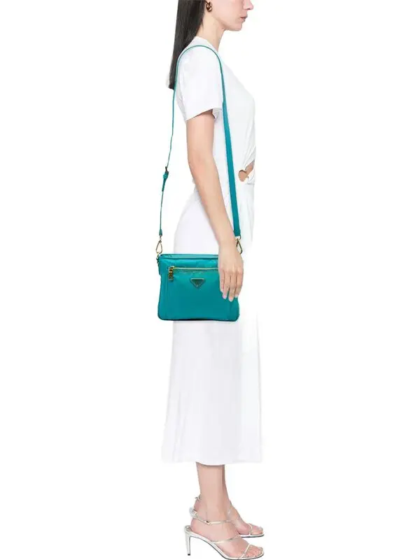 Prada Saffiano Trimmed Tessuto Zip Top Crossbody Bag - Blue