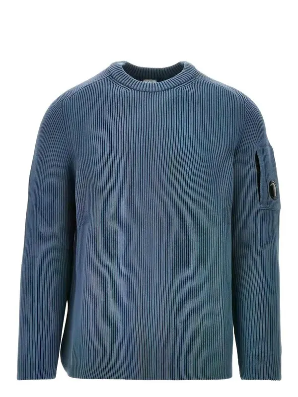 C.P. COMPANY Full Rib Cotton Crewneck Sweater With Lens Detail - Blue