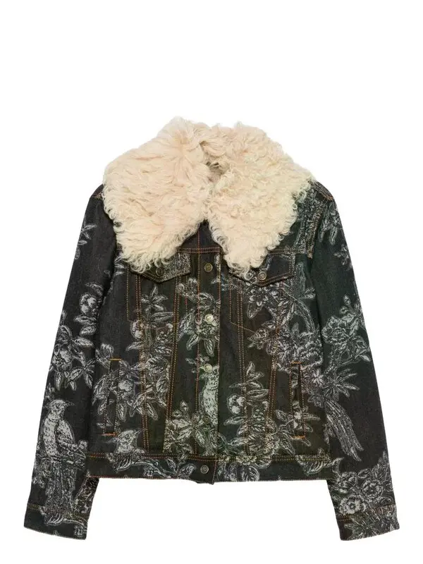 Etro Floral Print Shearling Collar Denim Jacket - Blue