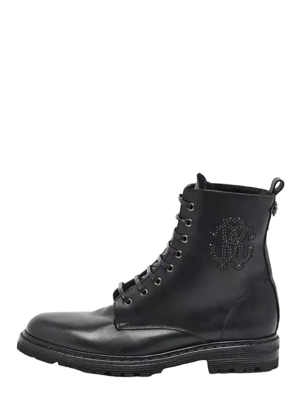 Roberto Cavalli Leather Embellished Lace-up Combat Boots - Black
