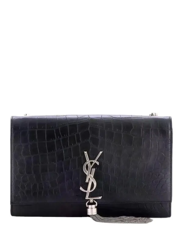 Saint Laurent Monogram Tassel Crocodile Embossed Leather Medium Crossbody Bag - Black