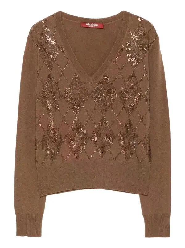 Max Mara Argyle Pattern Stud Embellished V-neck Sweater - Brown