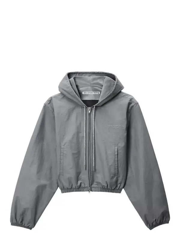 Alexander Wang Crystal Hotfix Drawcord Shrunken Hoodie Jacket - Grey