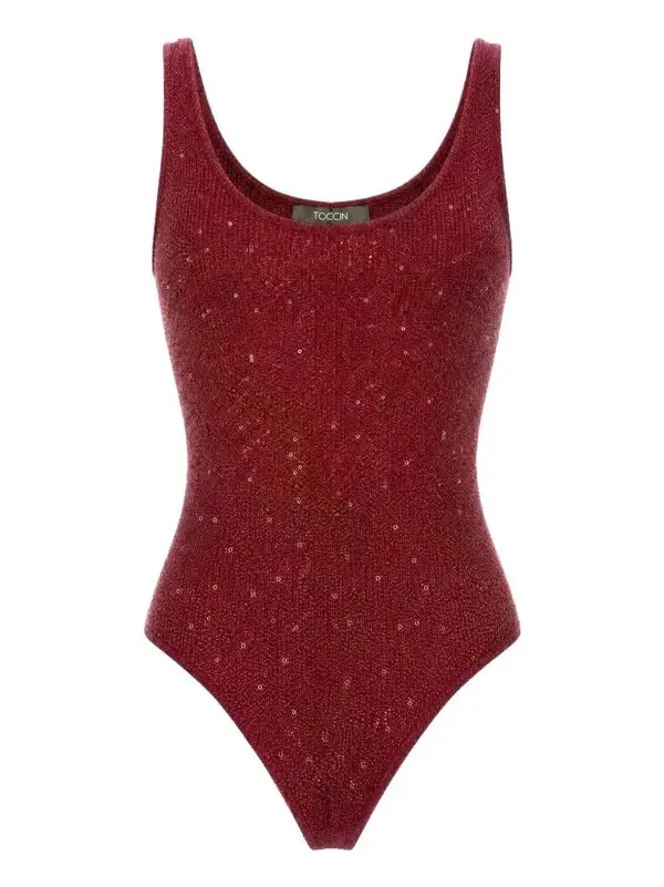 TOCCIN Sheila Sequin Embellished Ribbed Top - Red